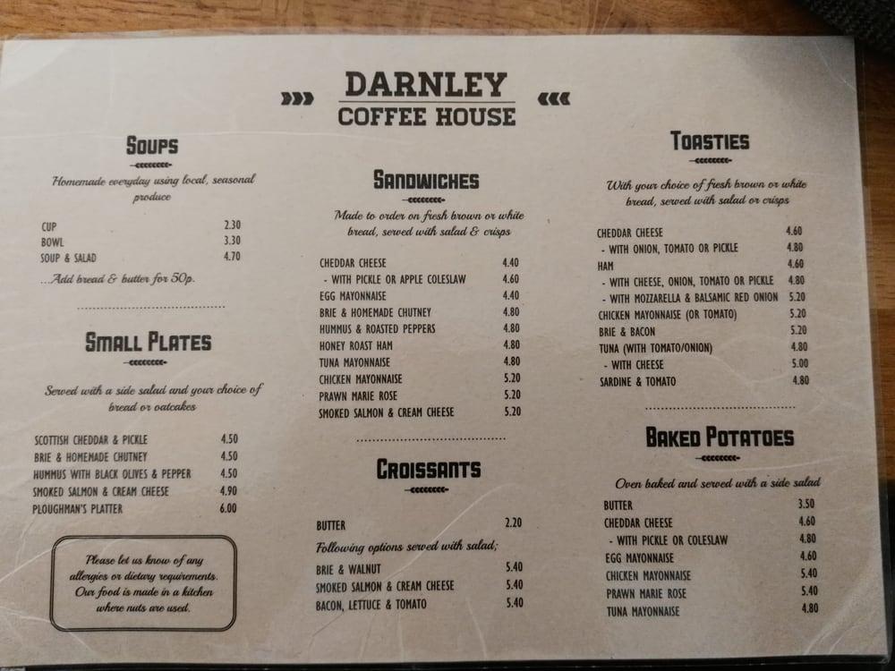 Menu at Darnley Coffee House, Stirling