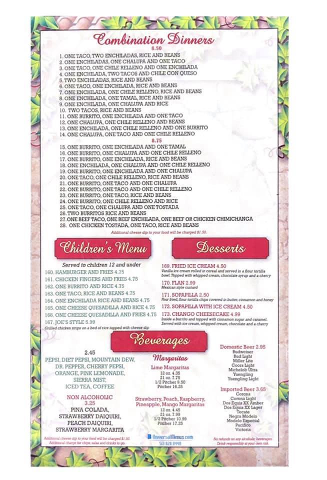 Menu at El Palomar restaurant, Circleville