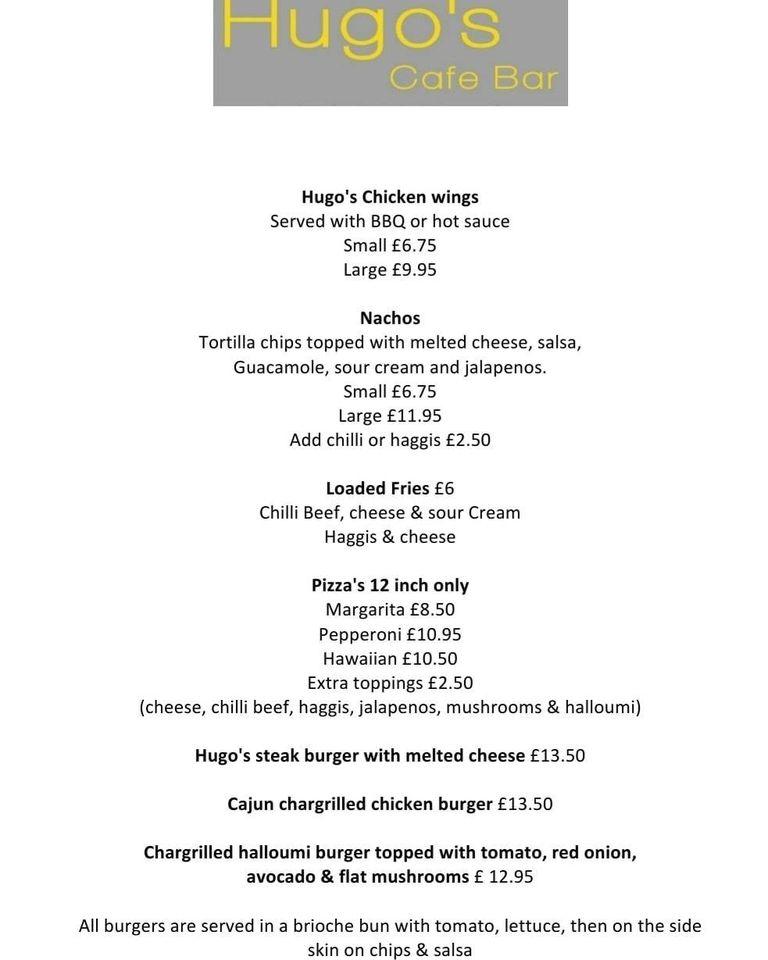 Menu at HUGOS Bar & Pavilion, Dalgety Bay