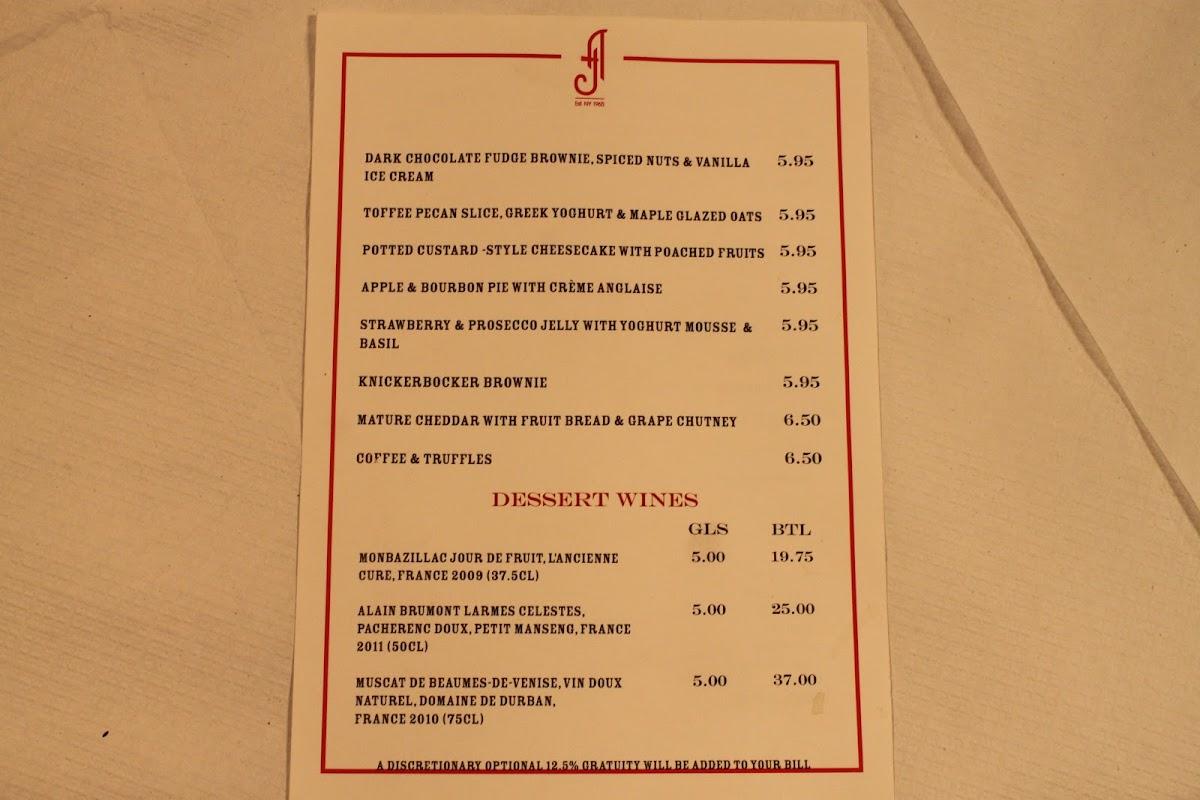 Menu at Joe Allen pub & bar, London