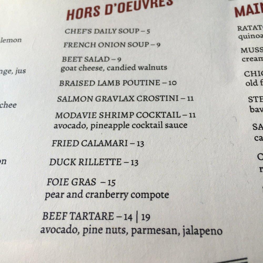 Menu at Modavie restaurant, Montréal, 1 Saint-Paul St W