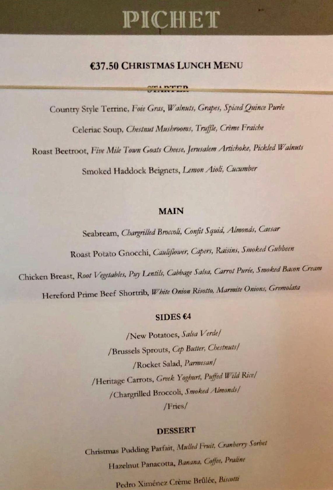 Menu at Pichet restaurant, Dublin