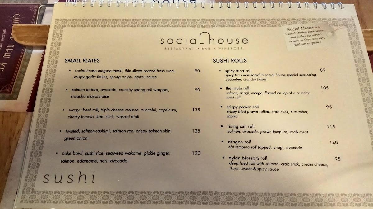 Menu at Social House restaurant, Jakarta, Jl. M.H. Thamrin No.1