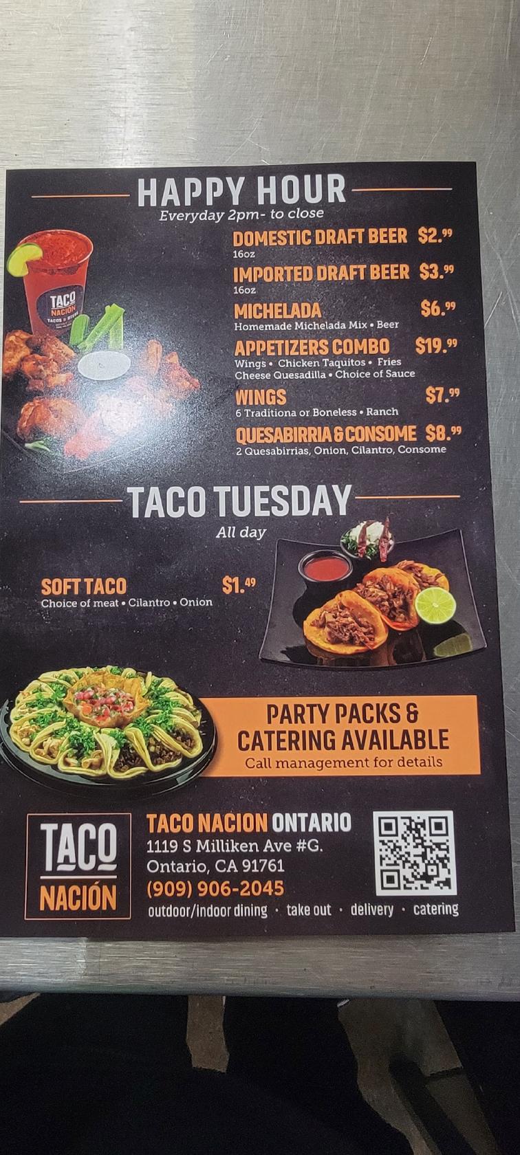 Menu at Taco Nacion restaurant, Ontario