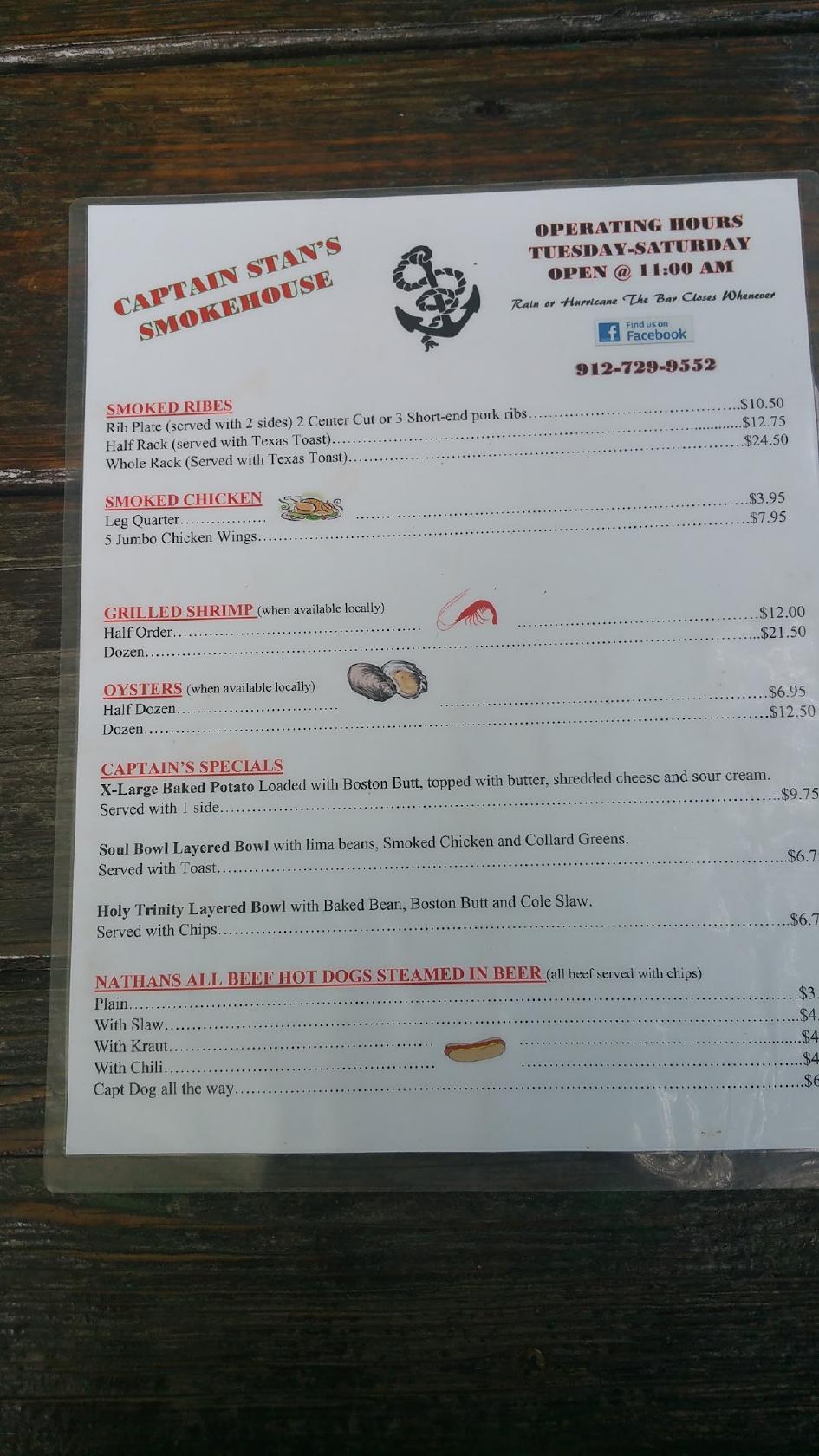 Carta del restaurante Captain Stan's Smokehouse, Woodbine