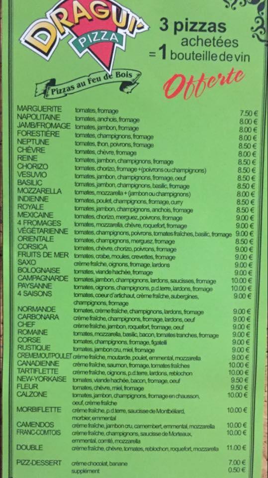 Menu at Dragui Pizza pizzeria, Draguignan
