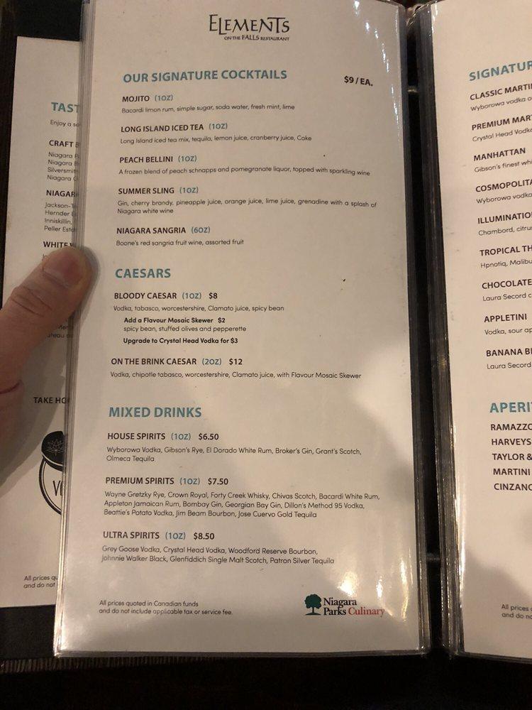 Menu at Elements on the Falls restaurant, Niagara Falls