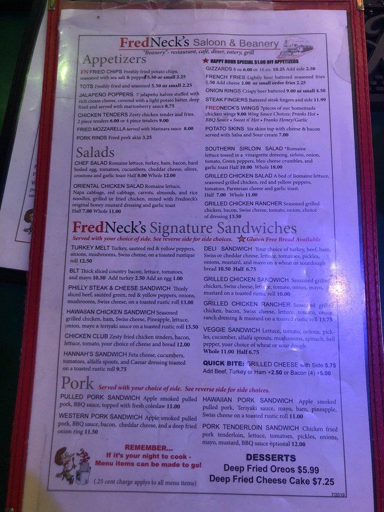 Menu at Fredneck's Saloon and Beanery pub & bar, Rockford
