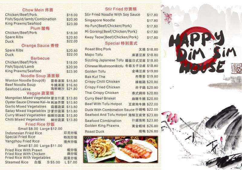 Menu at Happy Dim Sim House restaurant, Bunbury