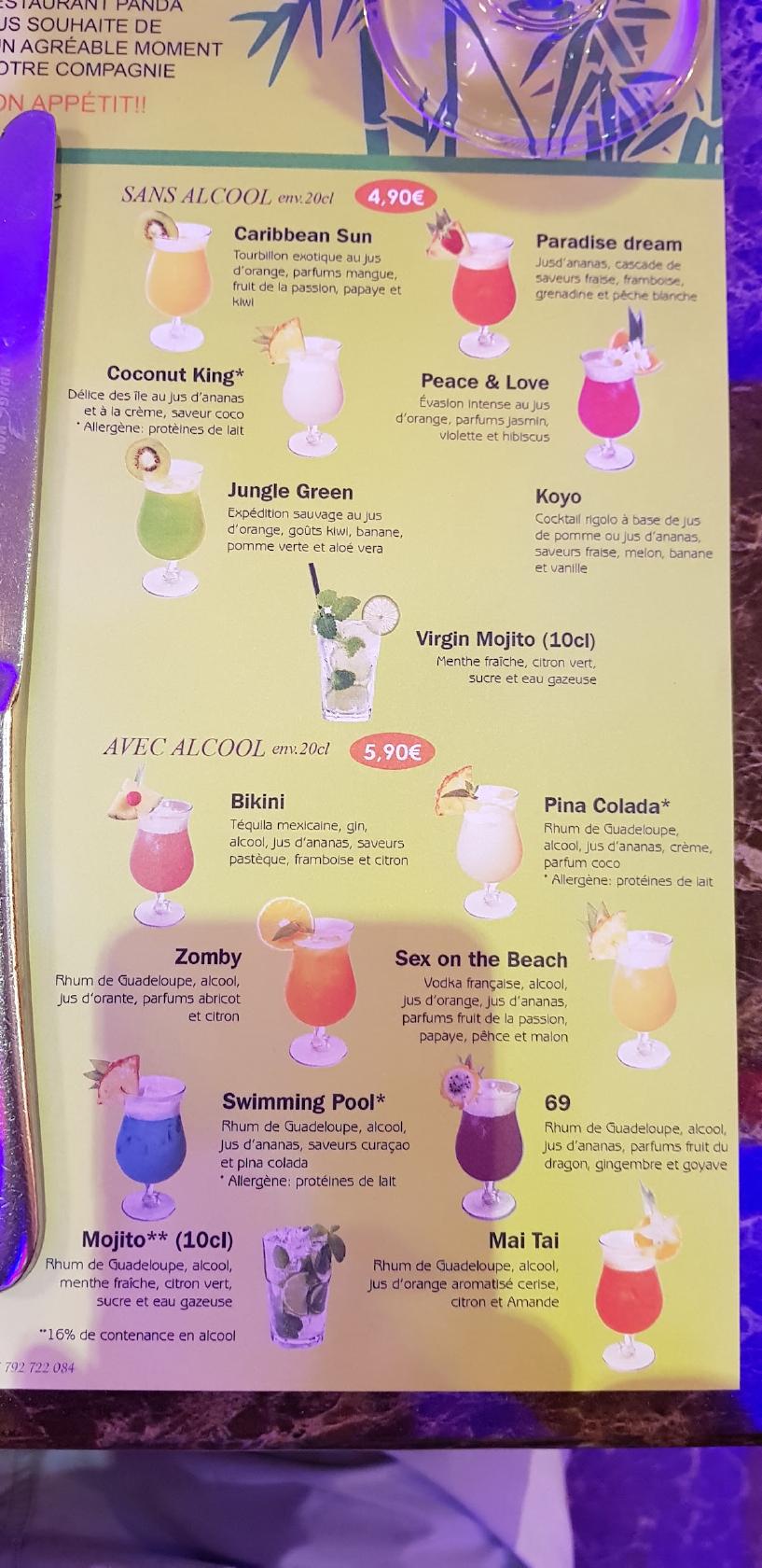 Menu au Le Panda restaurant, Sainte-Marguerite