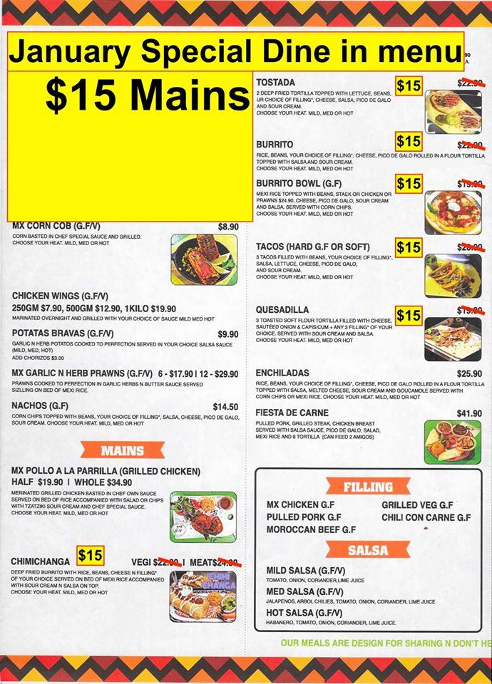 Menu at Mexitos restaurant, Karratha