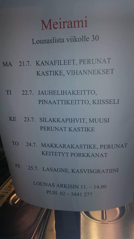 Menu at Ravintola Meirami, Finland