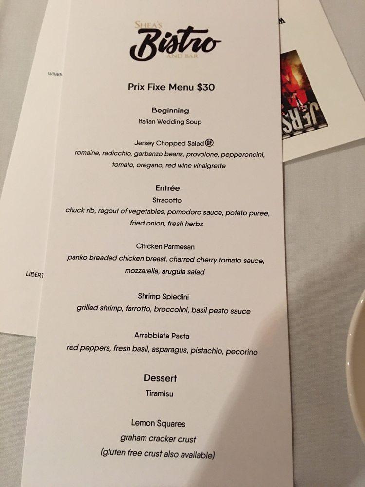 Menu at Shea’s Bistro & Bar, Buffalo