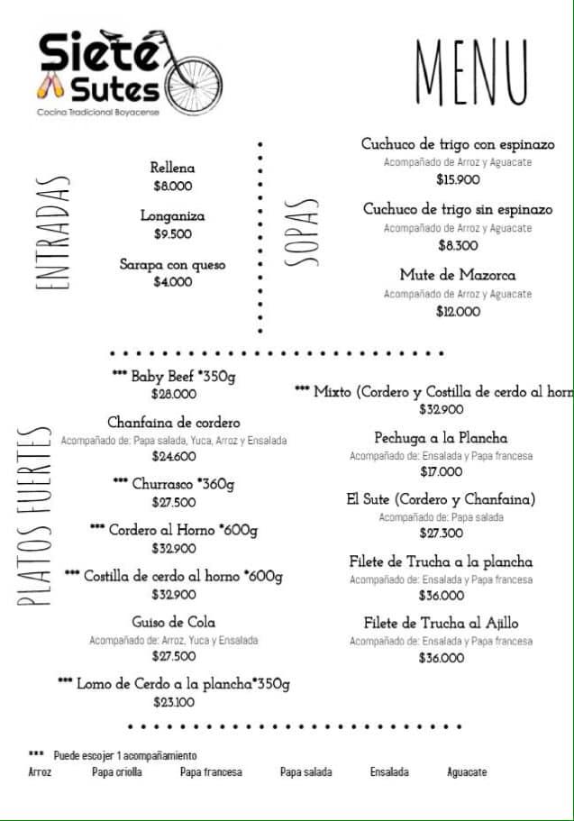 Menu at Sietesutes restaurant, Subachoque
