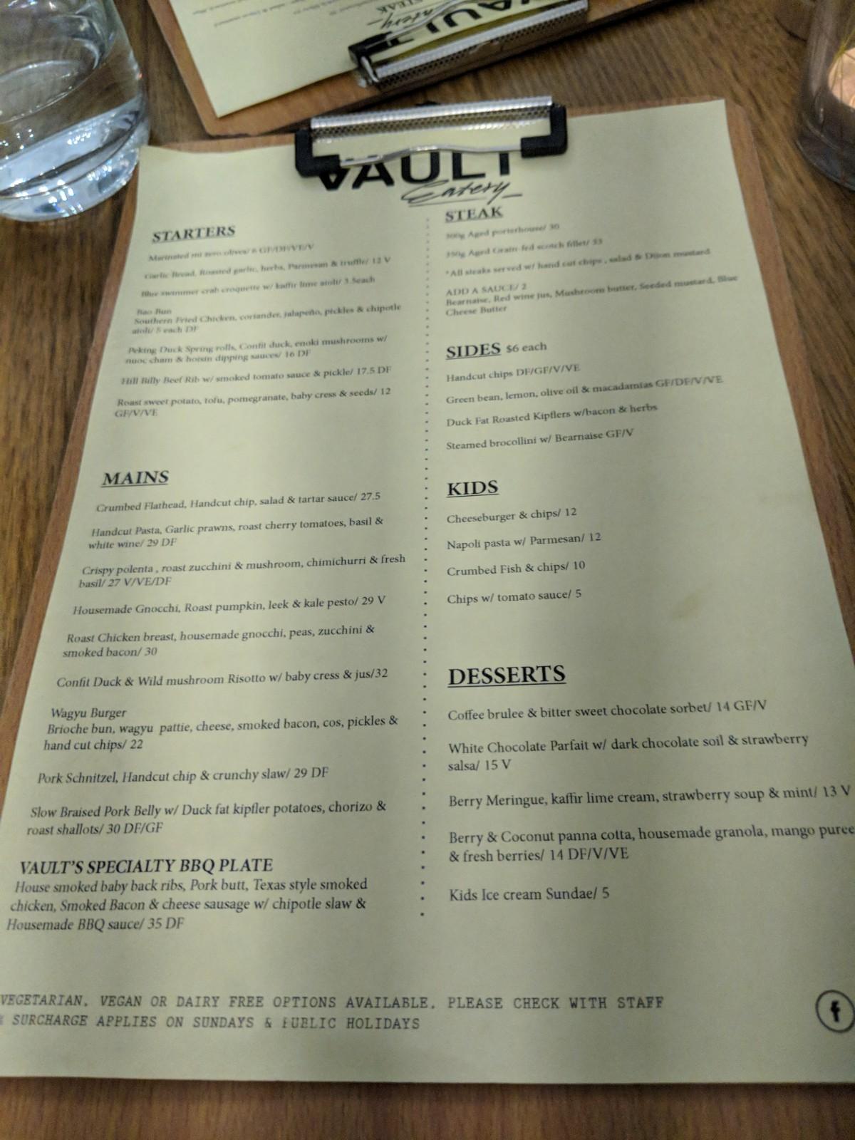 Menu at Vault Eatery restaurant, Bendigo