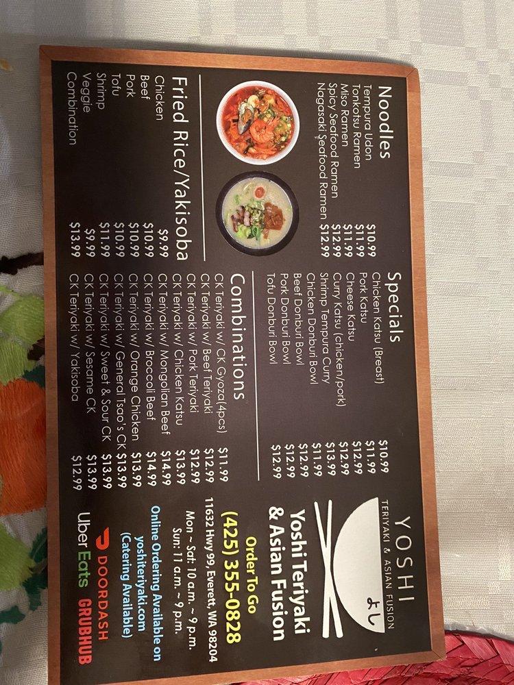 Menu at Yoshi Teriyaki restaurant, Everett, Hwy 99 Suite D
