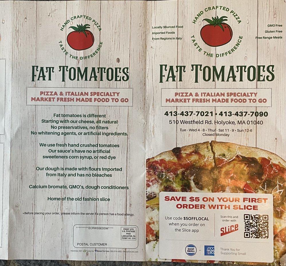 Menu at Fat Tomato pizzeria, Holyoke
