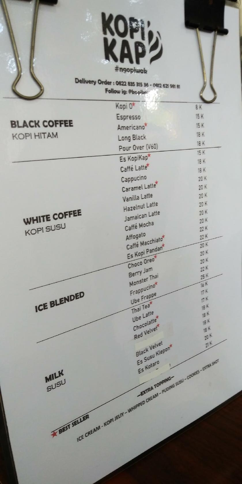 Menu at KopiKap Roro, Indonesia