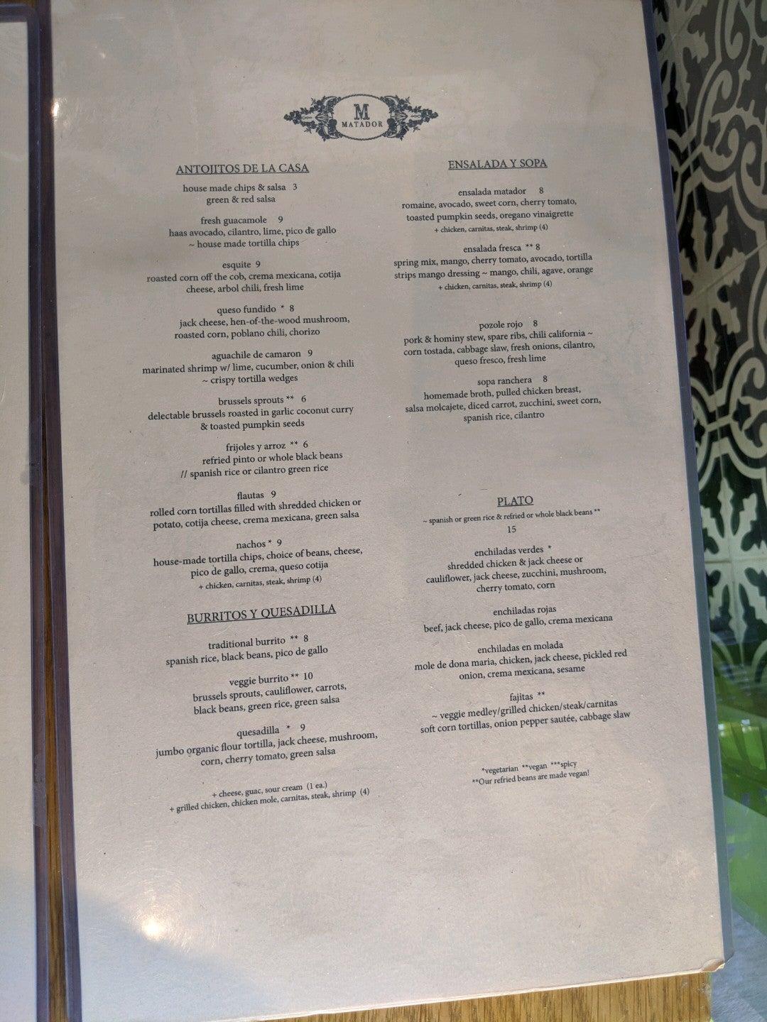 Menu at Matador pub & bar, San Francisco, 679 Sutter St