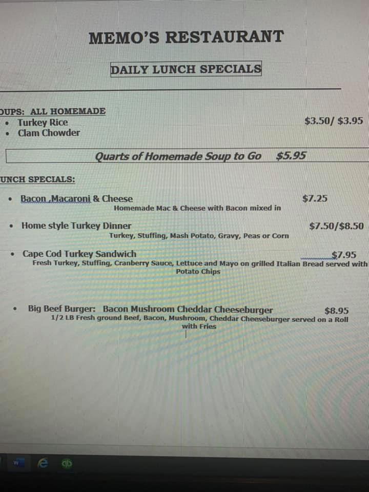 Menu at Memo's Restaurant, West Springfield
