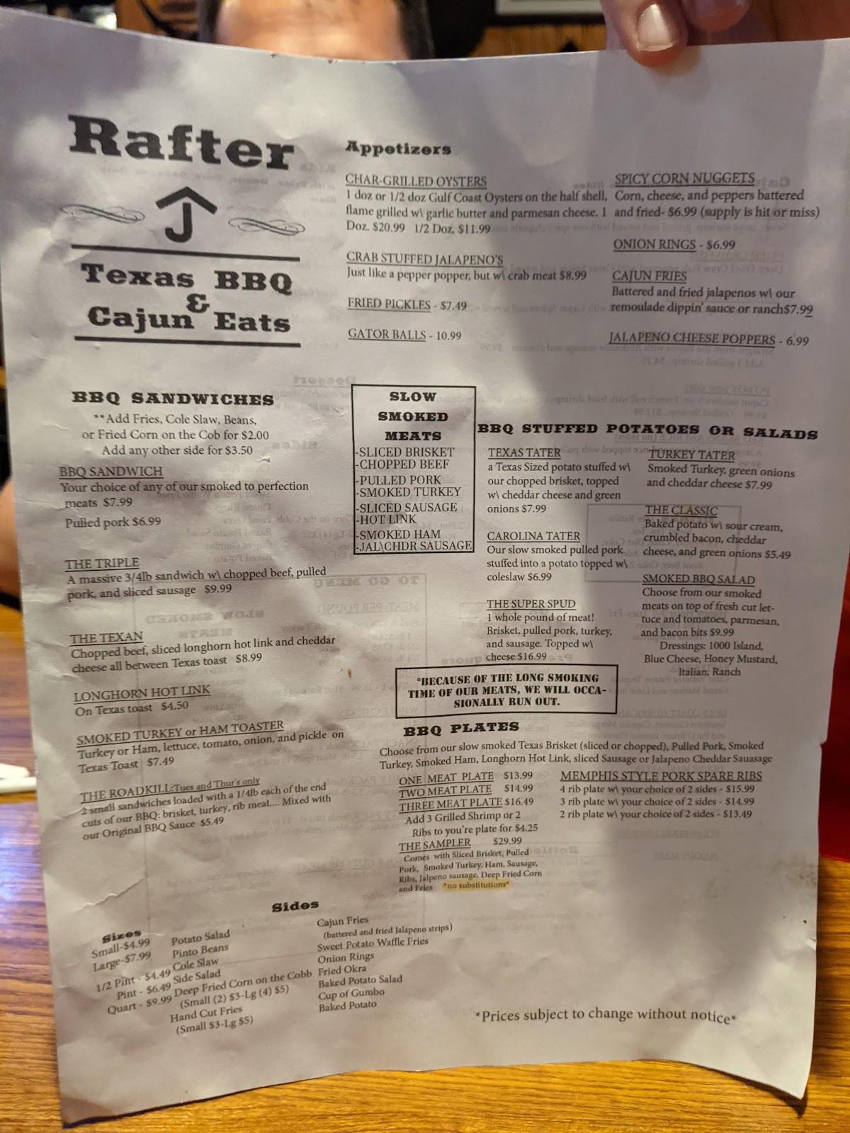 Menu at Rafter J BBQ and Cajun Eats, Iowa Park, 507 SW Access Rd