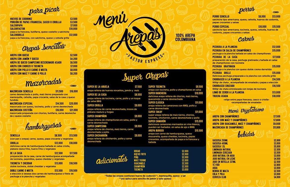 Menu at Arepas Factor Express restaurant, Bogotá