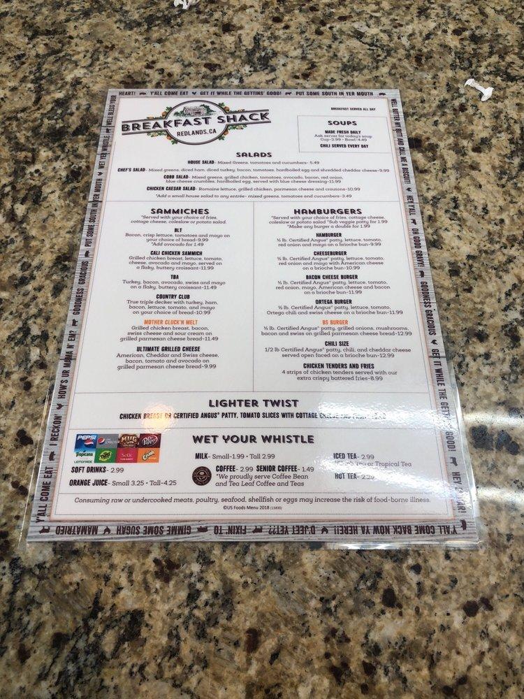 Menu at Breakfast Shack restaurant, Redlands