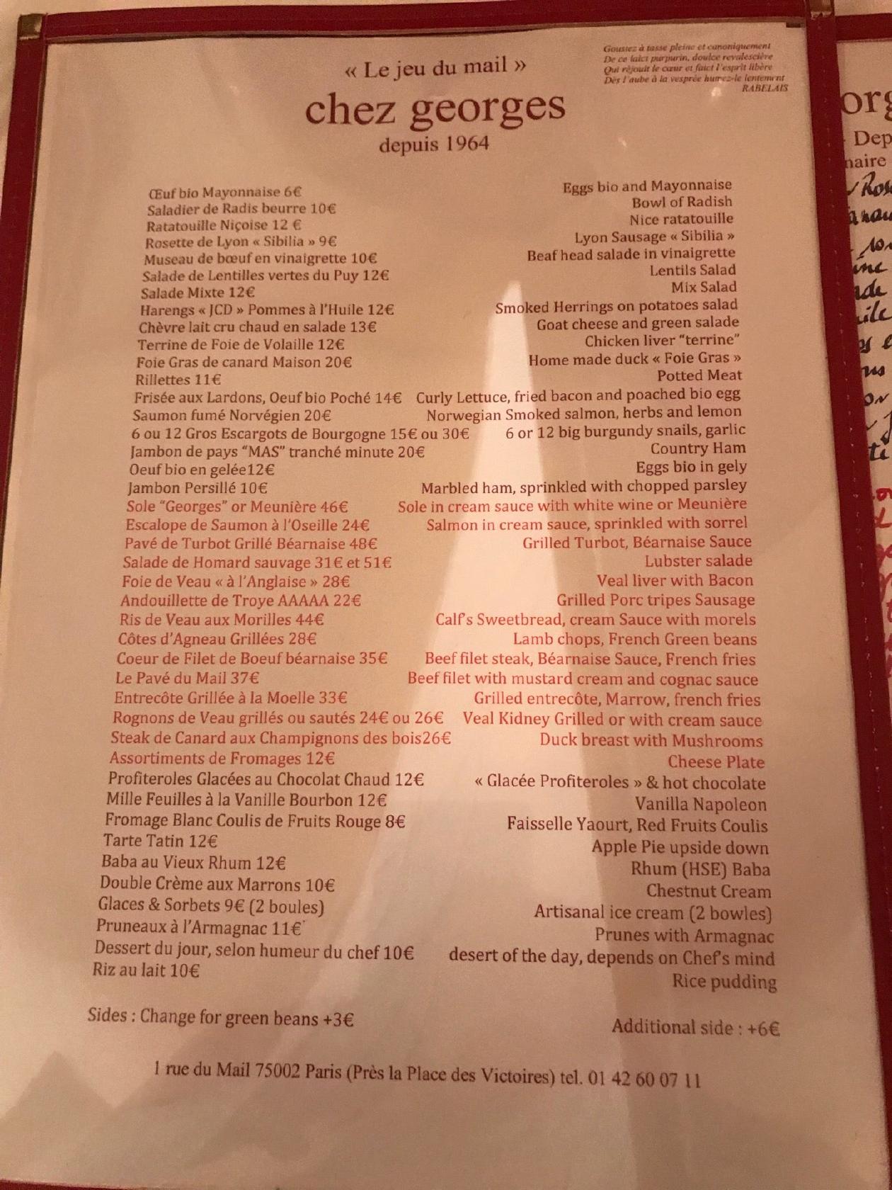Menu au Chez Georges restaurant, Paris, 1 Rue du Mail