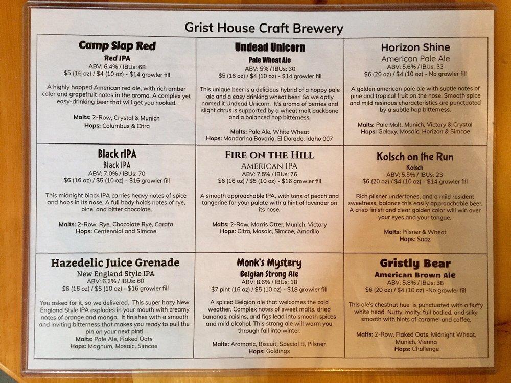 Menu at Grist House Craft Brewery pub & bar, Pittsburgh