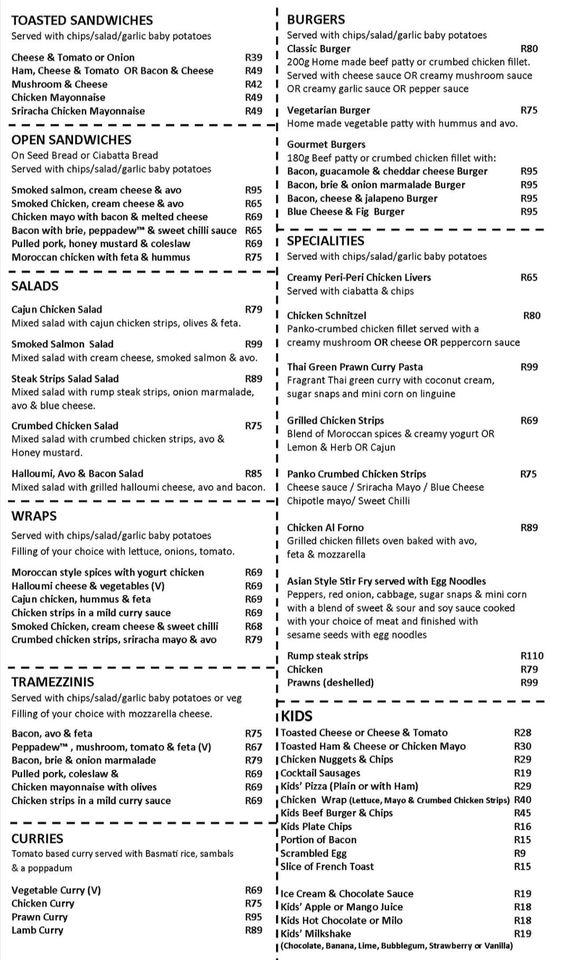 Menu at KC's Coffee Shop restaurant, South Africa