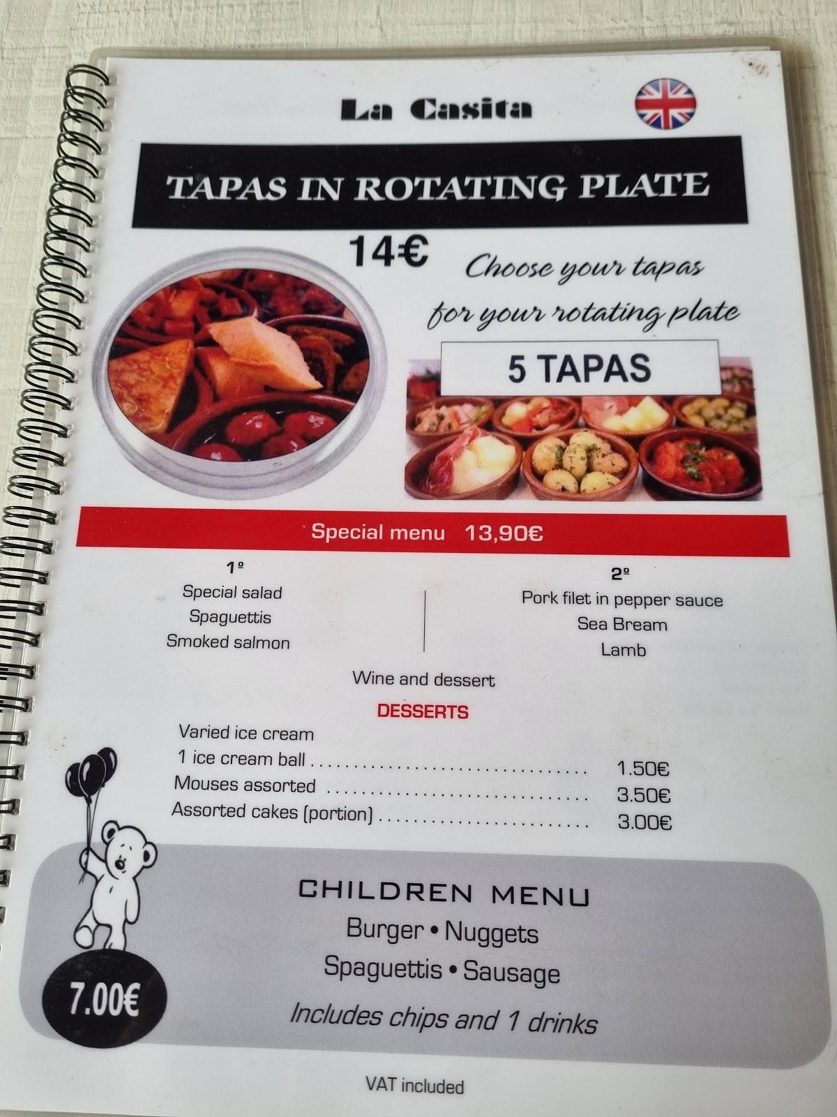 Menu at Restaurante La Casita, Palma, Avinguda de Joan Miró