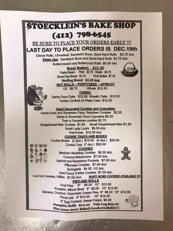 Menu at Stoecklein's Bake Shop cafe, Pittsburgh, Saltsburg Rd