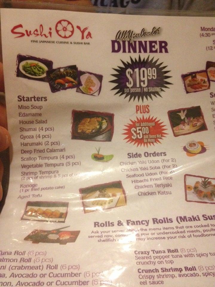 Menu at Sushi Ya restaurant, Joliet, W Jefferson St