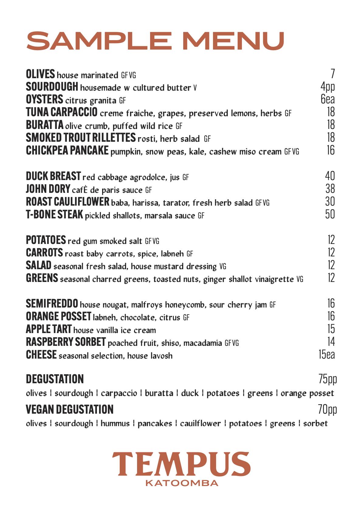 Carta del restaurante Tempus Katoomba, Katoomba