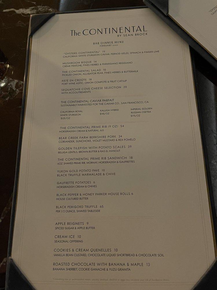 Menu at Bar Continental, Nashville