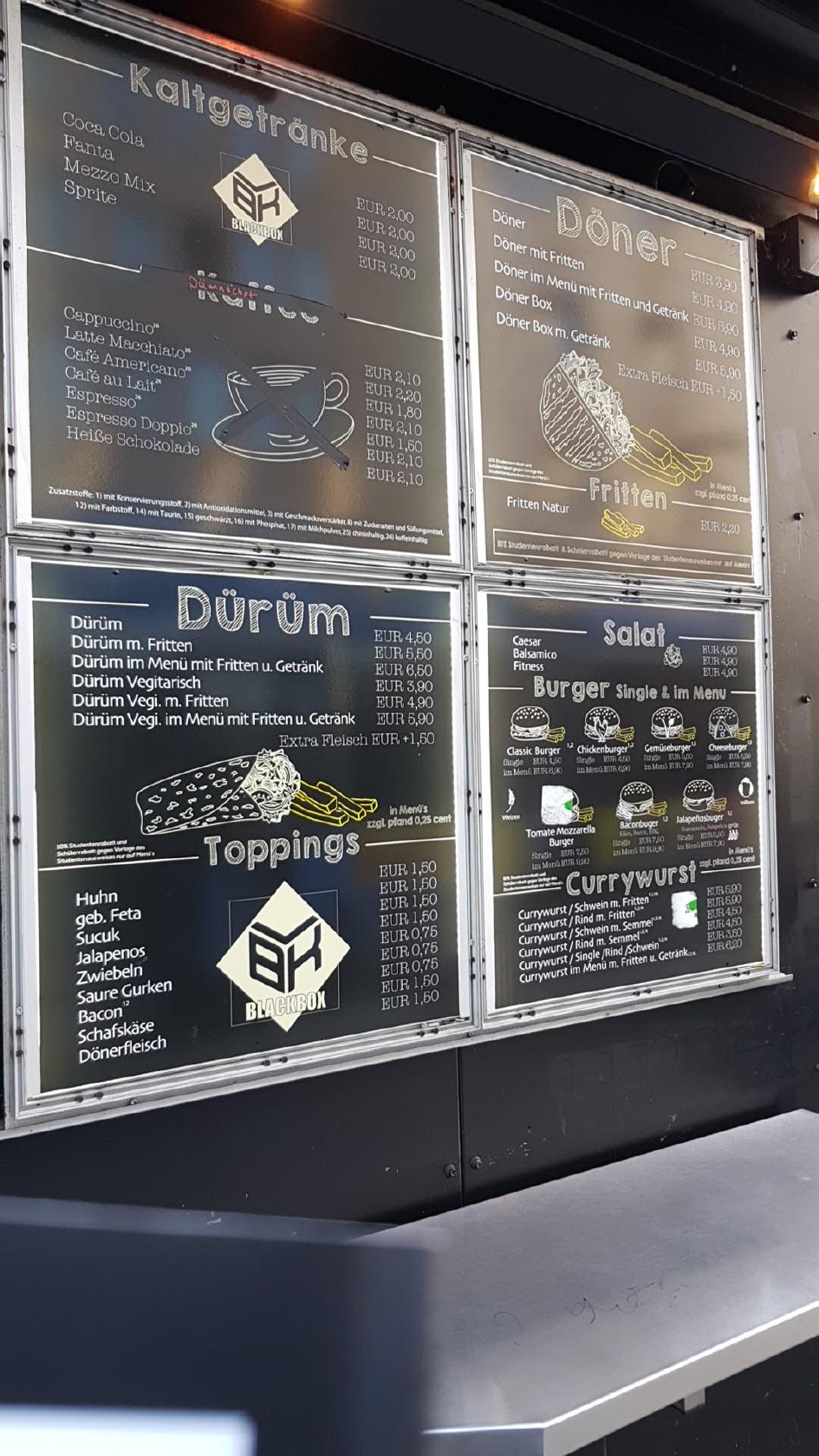 Carta del pub y bar BlackBox, Munich