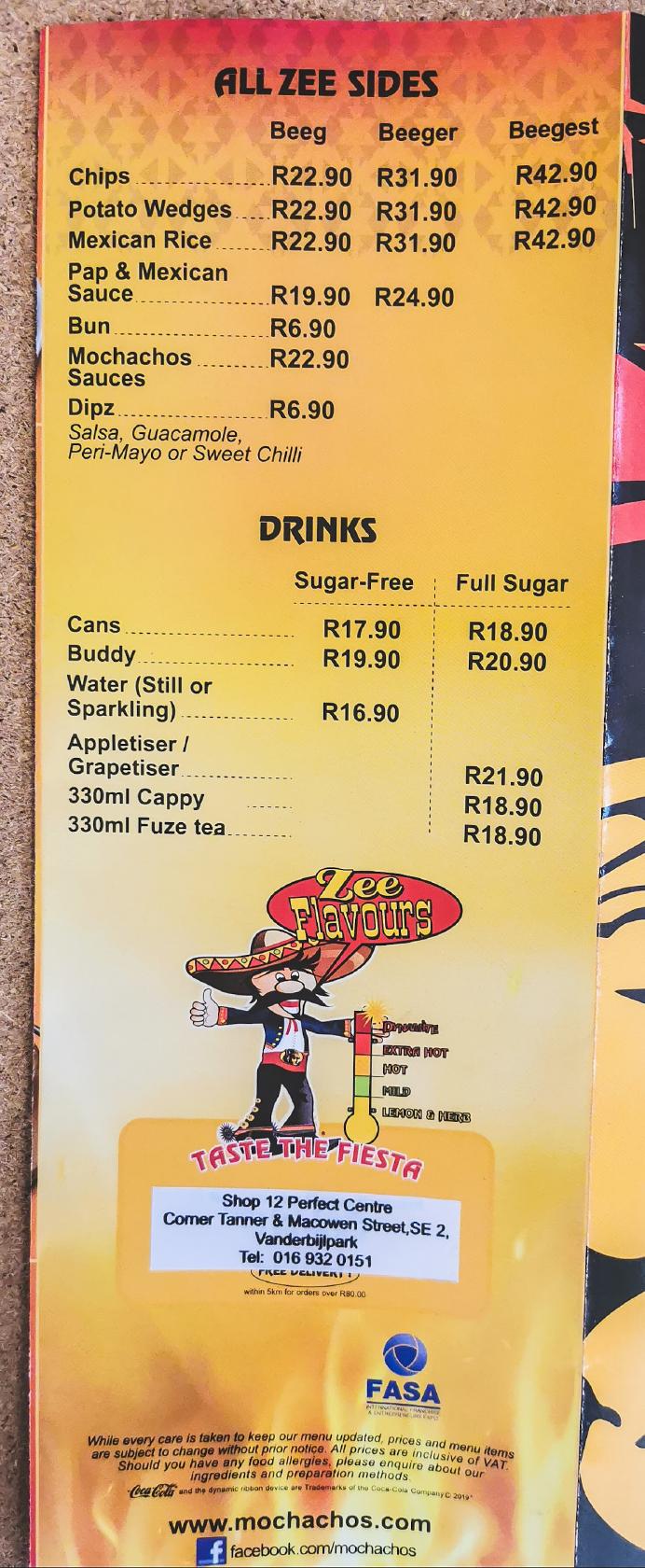 Menu at MOCHACHOS CHICKEN FIESTA restaurant, Vanderbijlpark