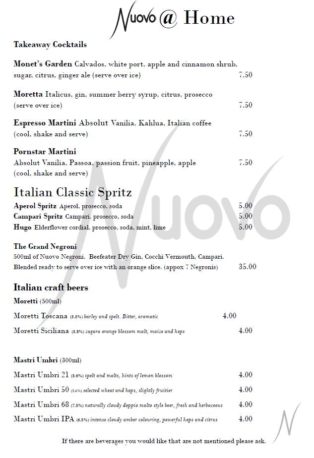 Menu at Nuovo Restaurant, Northampton