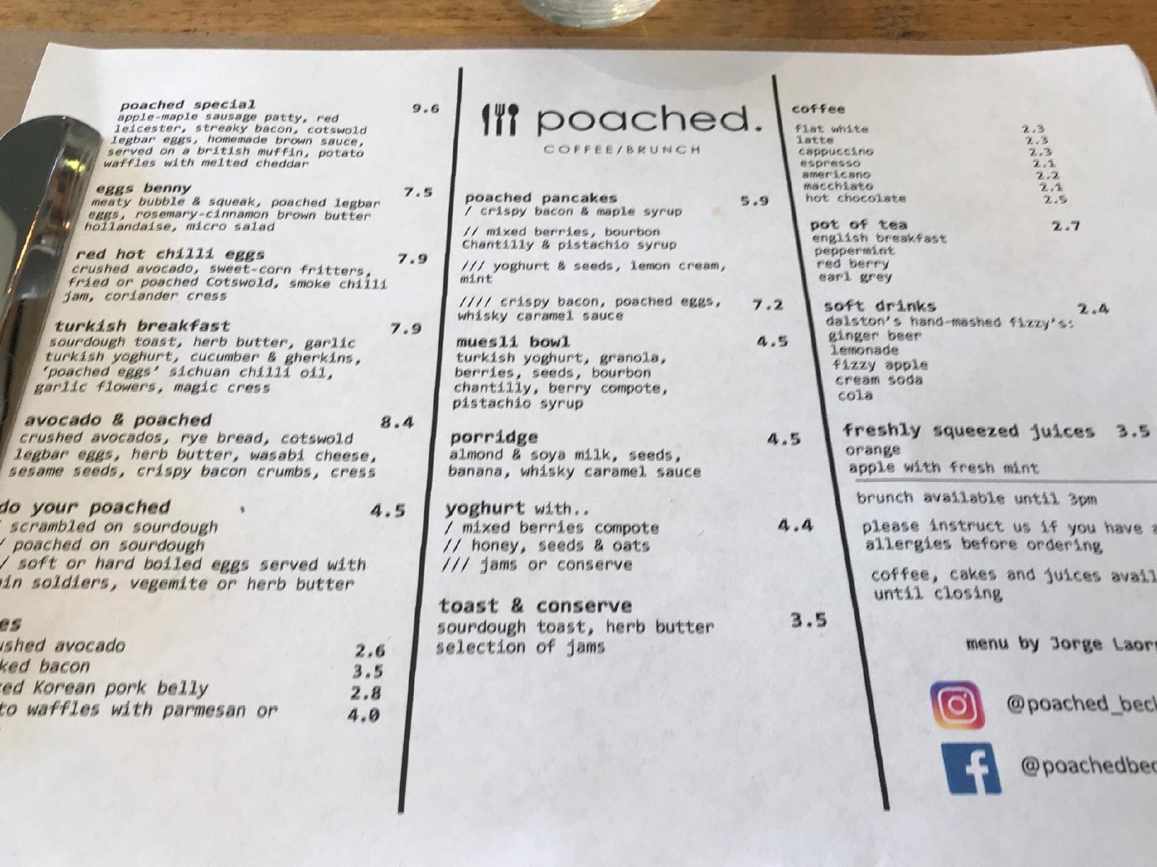 Menu at Poached cafe, Beckenham