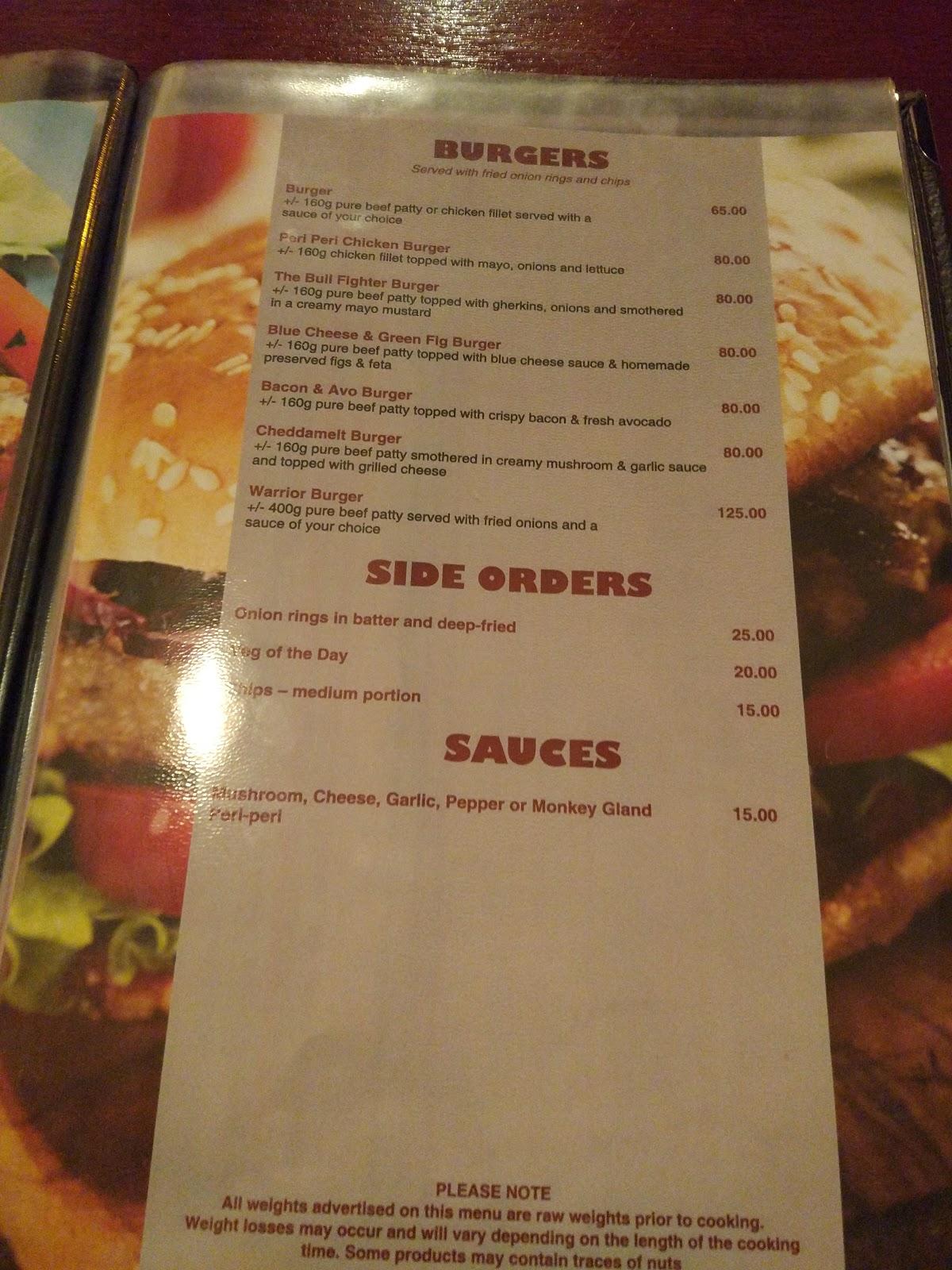 Menu at Tauren Steak Ranch Springbok steakhouse, Springbok