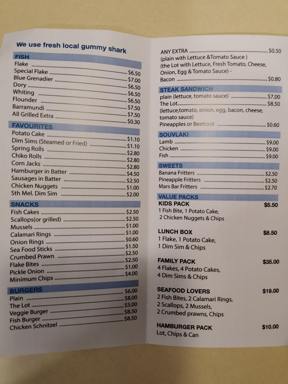 Menu at West Essendon Fish’n' Chippery restaurant, Aberfeldie