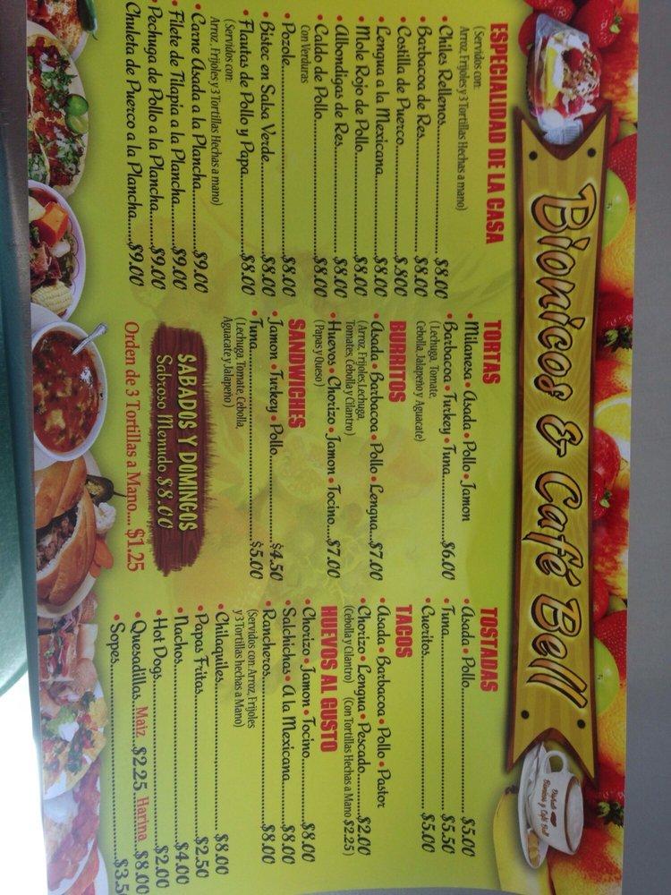 Menu at Bionicos Y Cafe Bell, Bell