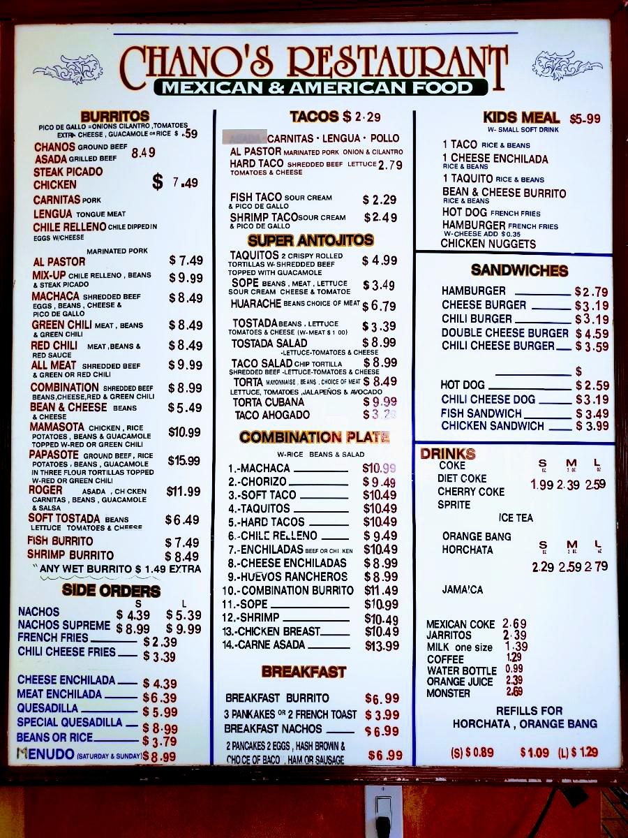 Menu at Chanos Drive-In restaurant, San Gabriel
