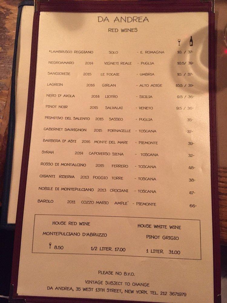 Menu at Da Andrea restaurant, New York City