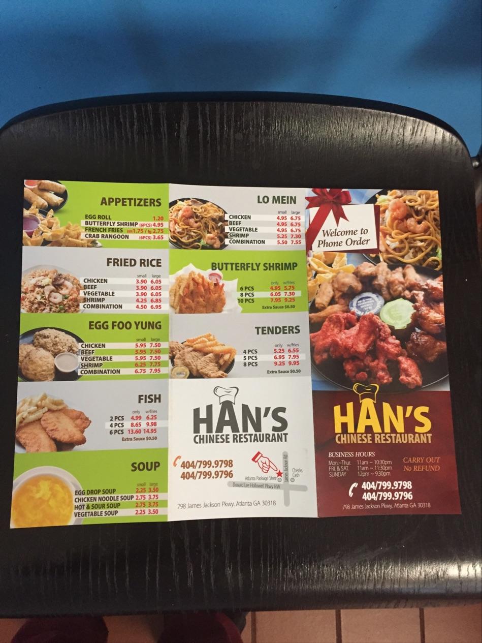 Menu at Hans Chinese Food And Chicken Wings restaurant, Atlanta, 798 ...