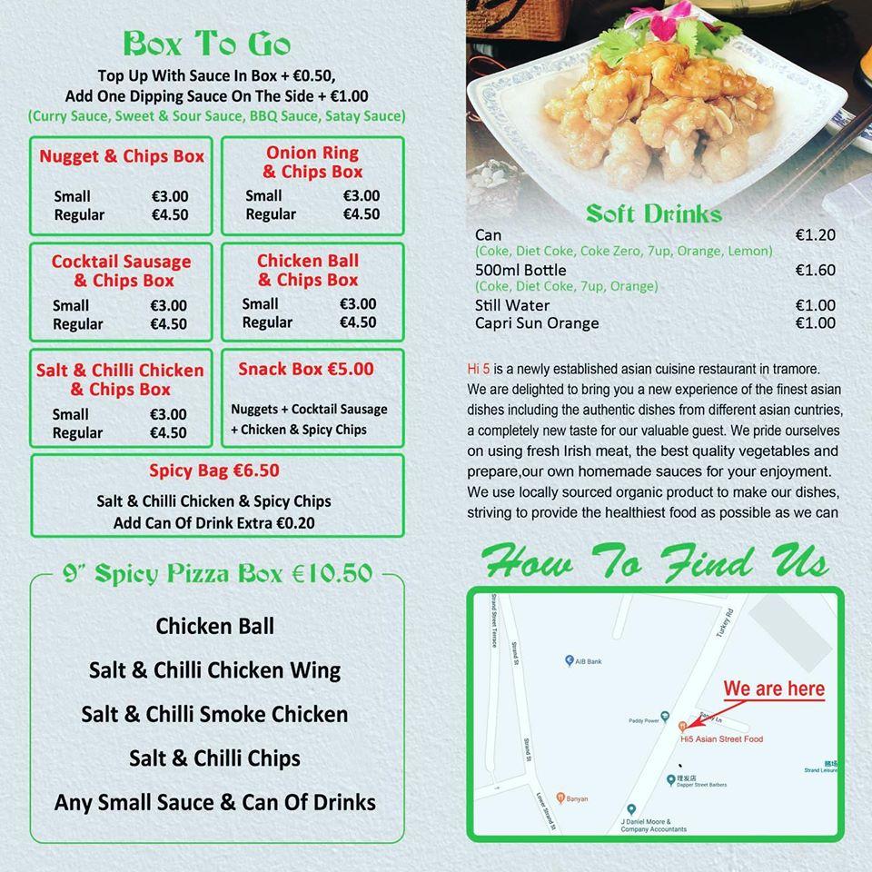 Menu at Hi 5 Asian street food restaurant, Tramore