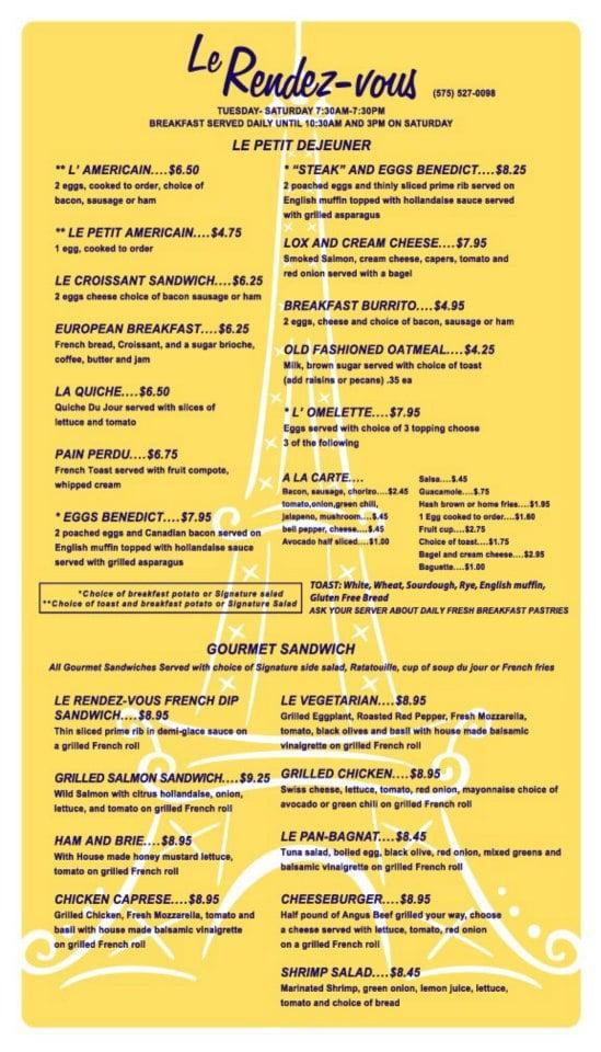 Menu at Le Rendez-vous Café cafe, Las Cruces