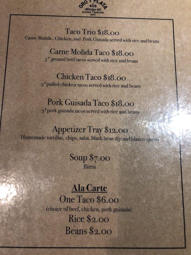 Menu at Oro Y Plata pub & bar, Bigfork