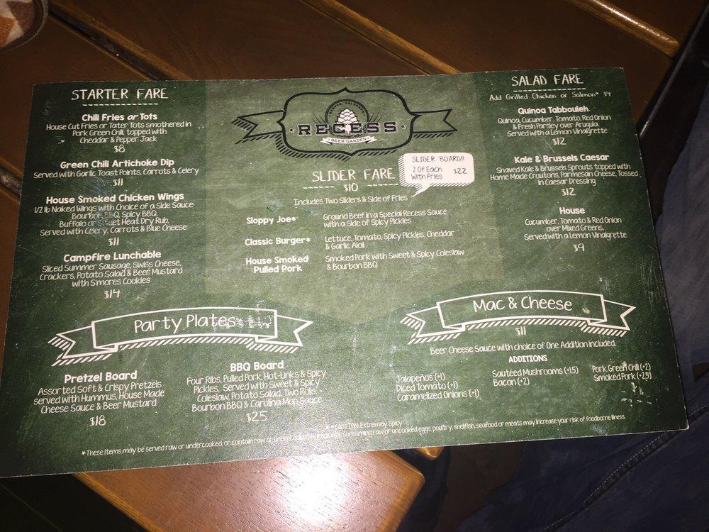 Menu at Recess Beer Garden pub & bar, Denver