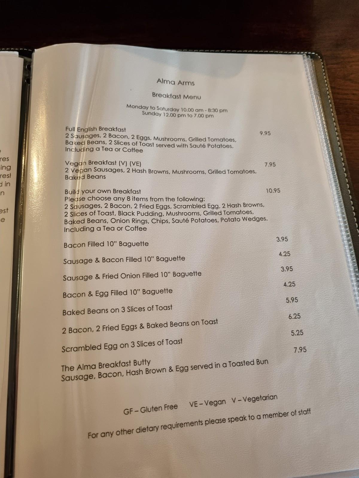 Menu at The Alma Arms Freehouse pub & bar, Navestock
